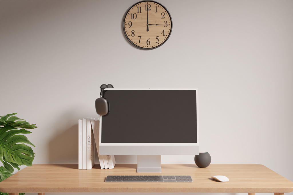 iMac on wooden Home Desk Mockup - Mockup World