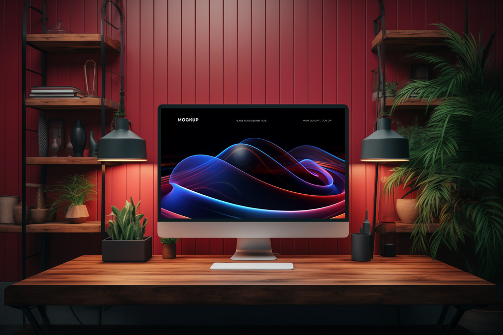 Silver iMac on wooden Desk Mockup - Mockup World