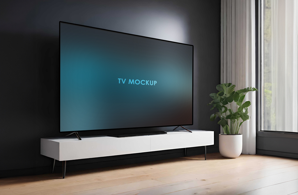 Flat TV Screen in Living Room Mockup - Mockup World