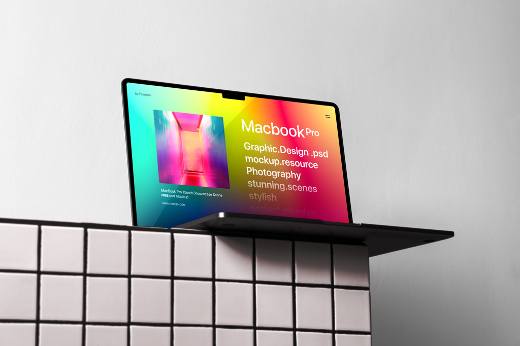 MacBook Pro on Tile Table Mockup - Mockup World