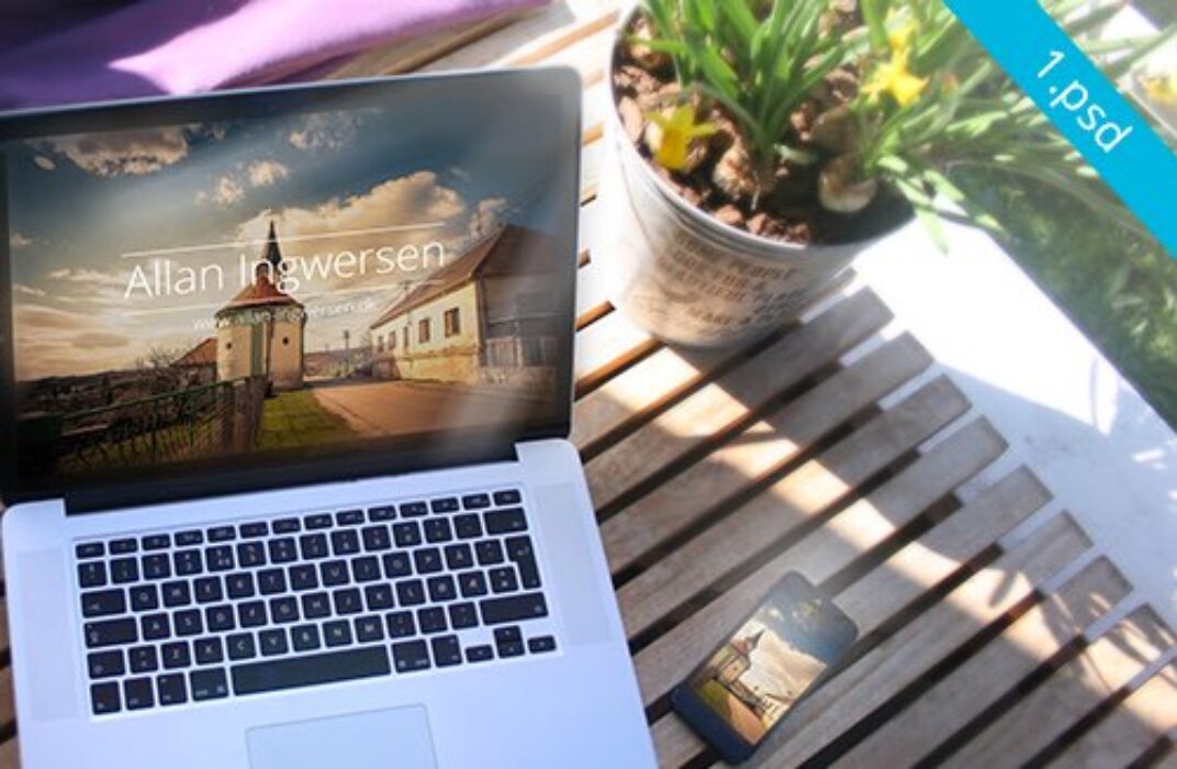 Set of MacBooks in summer surroundings - Mockup World