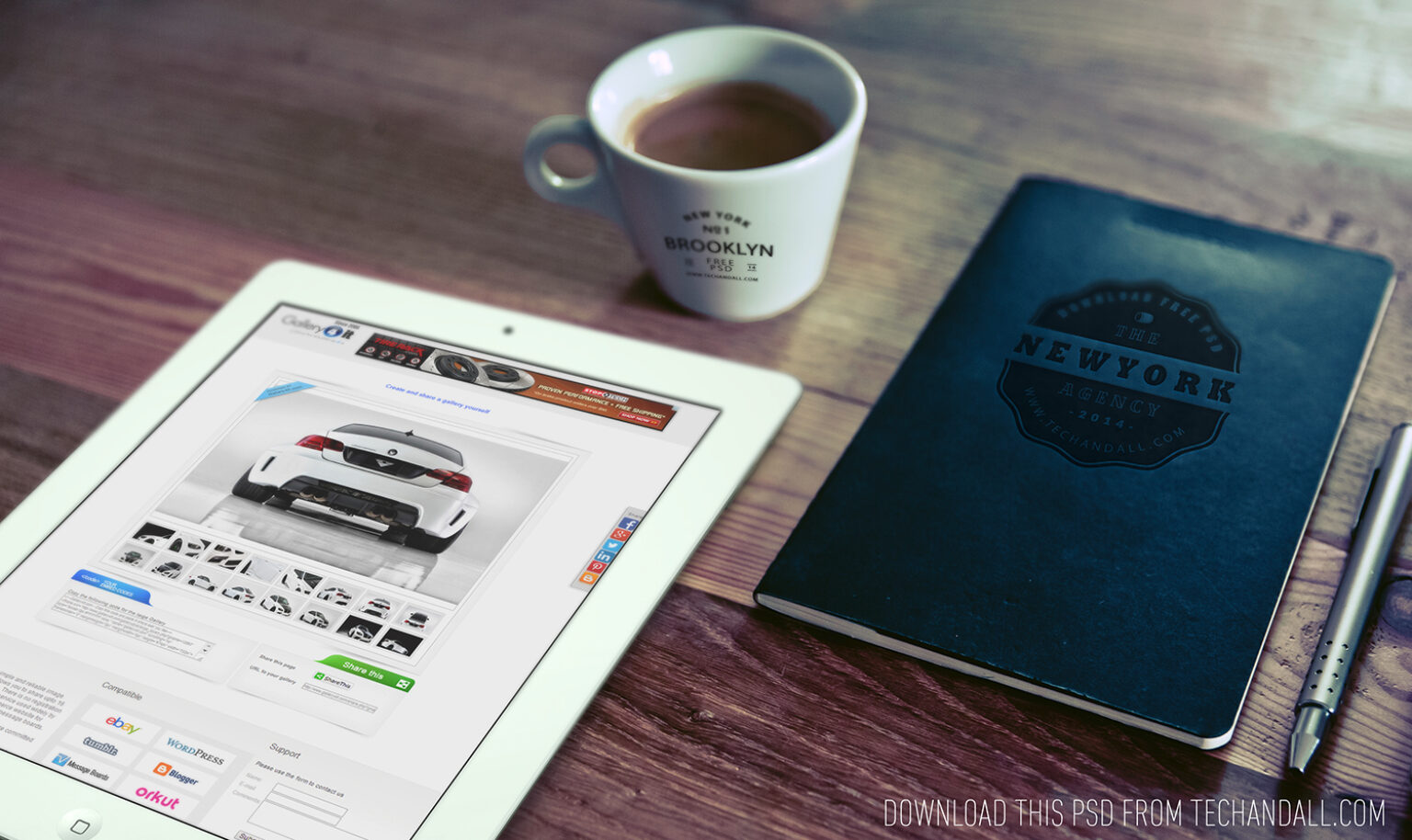 iPad and Notebook on Table Mockup - Mockup World