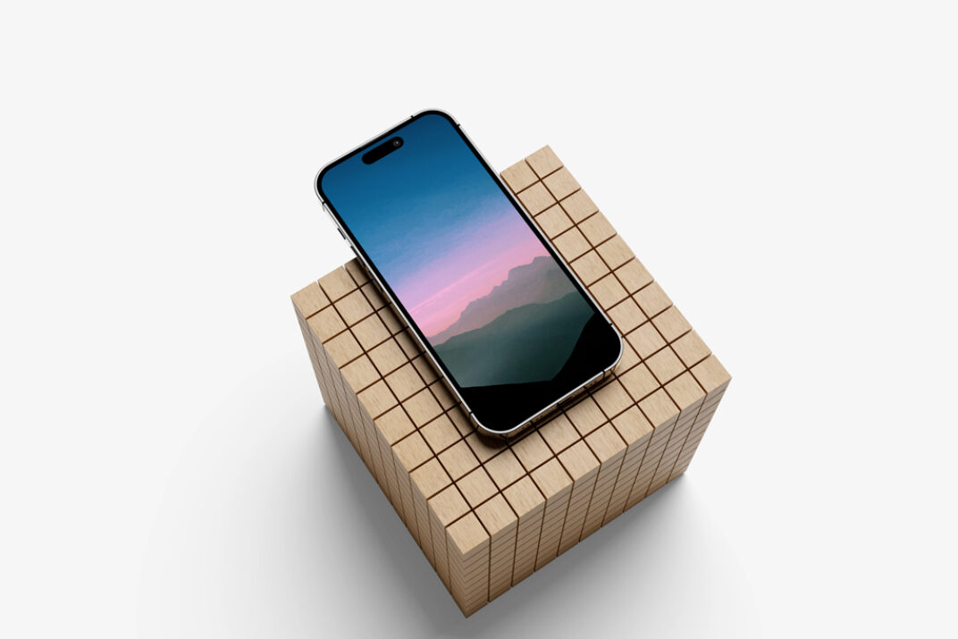 iPhone 14 Pro on wooden Cube Mockup - Mockup World