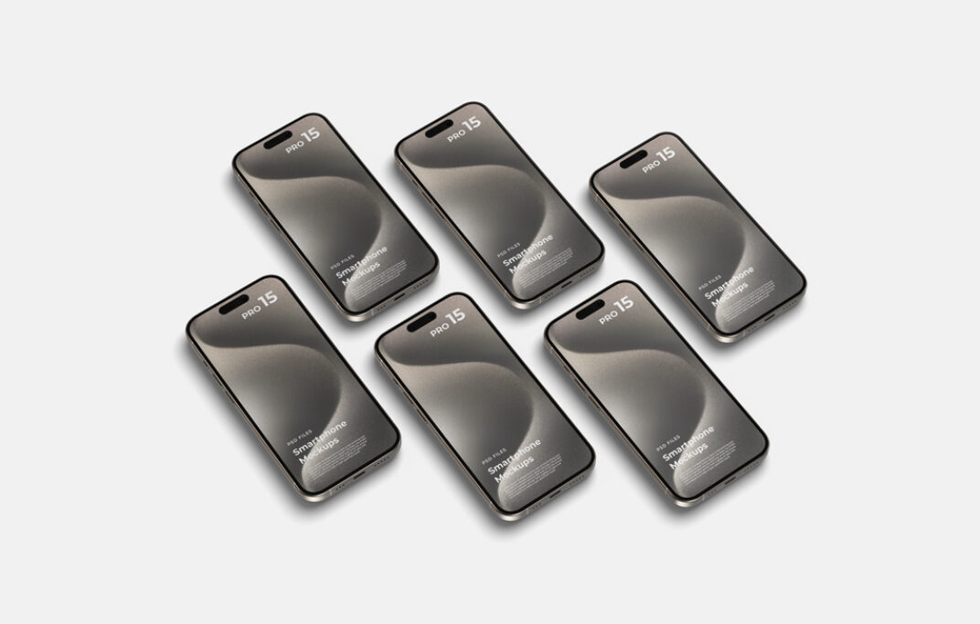 Free isometric iPhone 15 Pro Grid Mockup - Mockup World