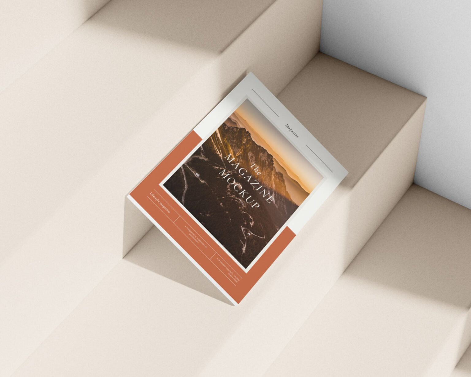 A4 Magazine on a Stair Step Mockup - Mockup World