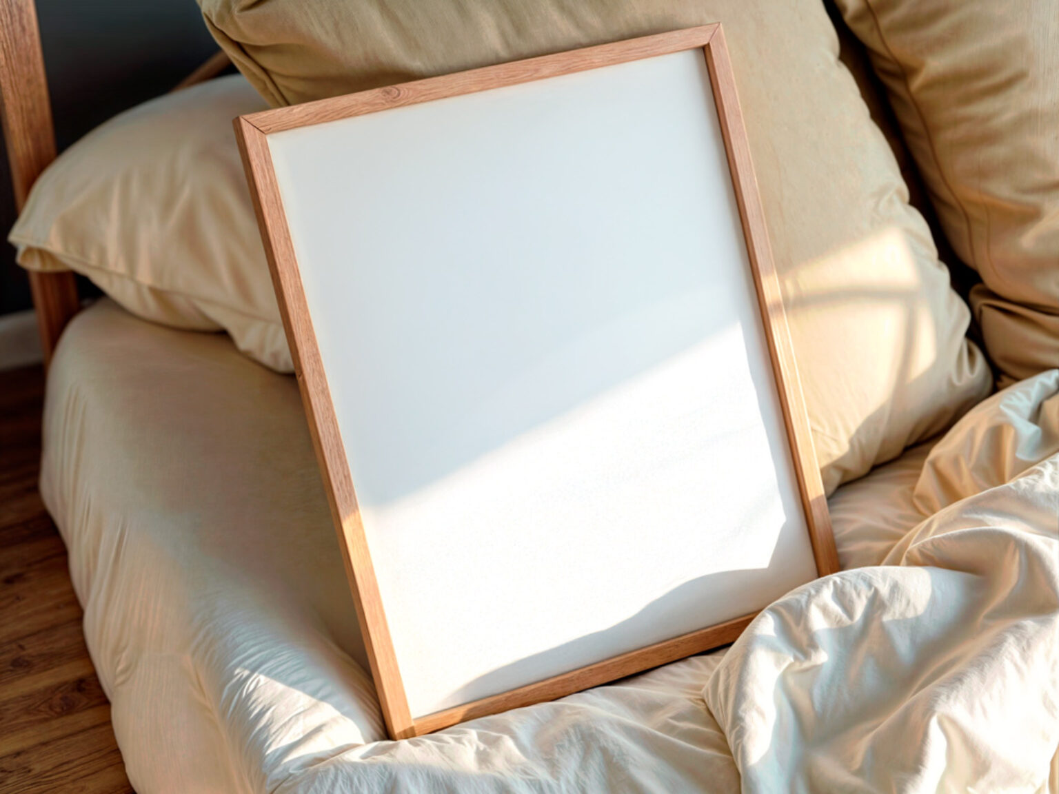 Wooden Picture Frame on Bed Mockup - Mockup World