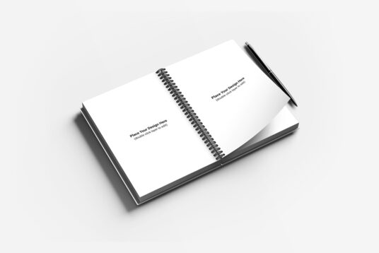 Open Spiral Notebook with Pencil Mockup - Mockup World