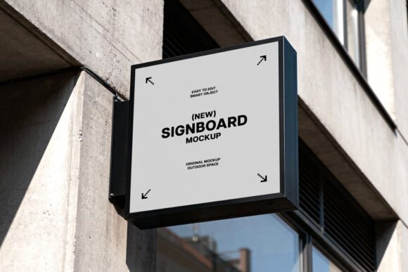 Square Shop Sign on Concrete Wall Mockup - The Creative Bits