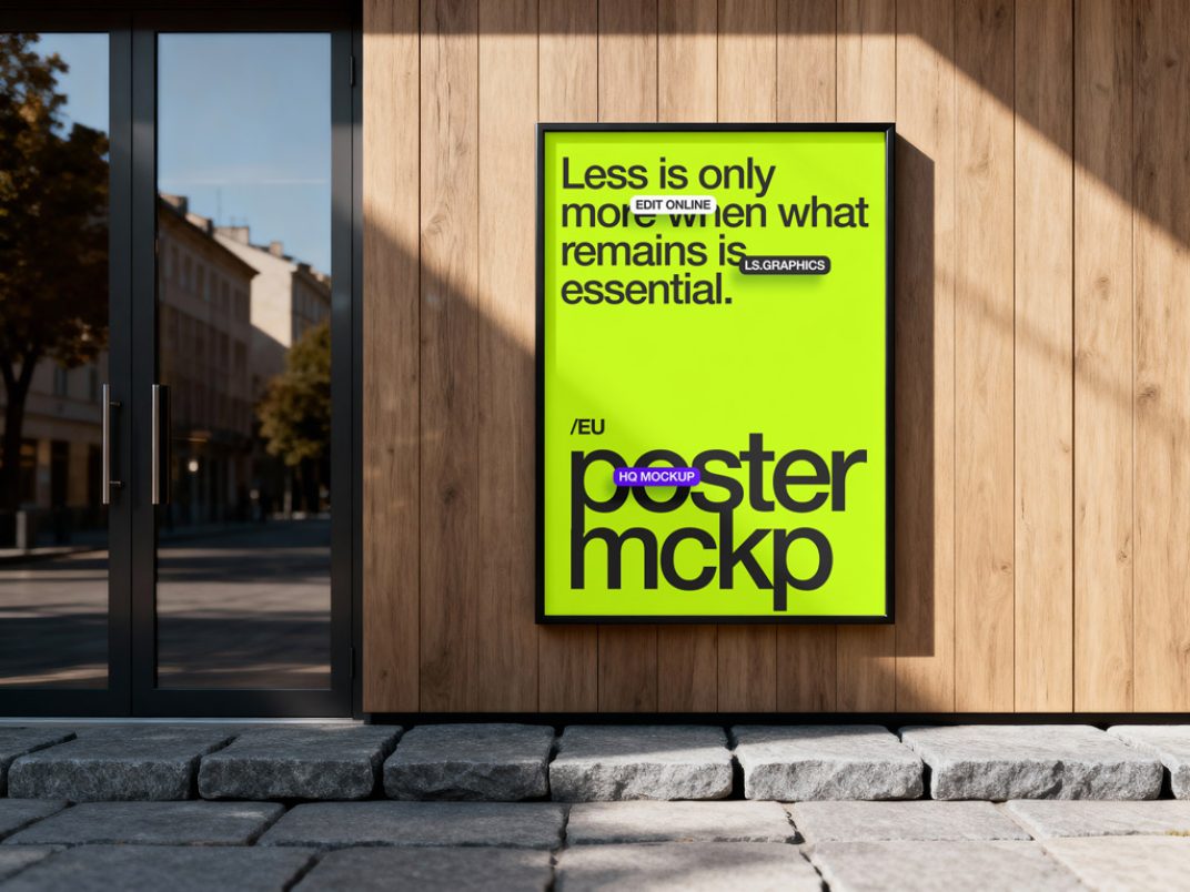 Framed Billboard hanging on wooden House Mockup - Mockup World